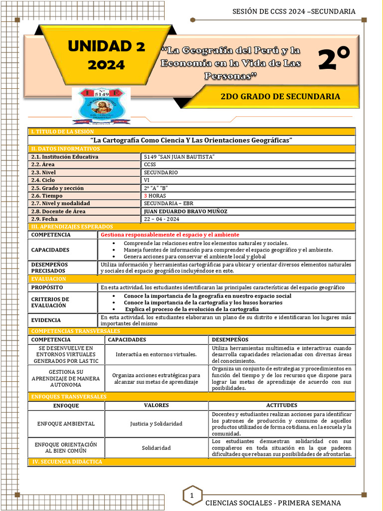 2º Ab Sesión Semana 1 Uni 2 - CCSS 2024 - Juan Bravo | PDF | Maestros | Enseñando