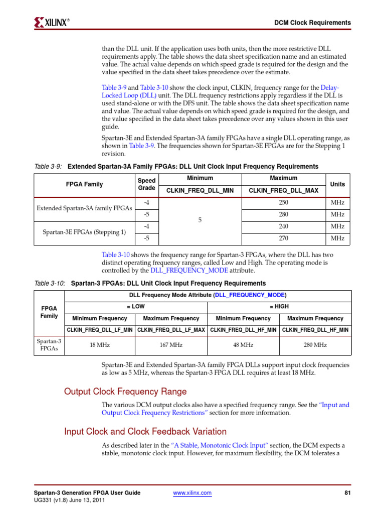 Output Clock Frequency Range: Table 3-9 Table 3-10 Delay-Locked Loop (DLL) | PDF | Field ...