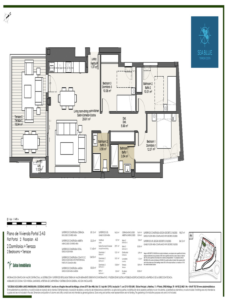 Lobby Vestíbulo: Plano de Vivienda Portal 2-A3 2 Dormitorios + Terraza ...
