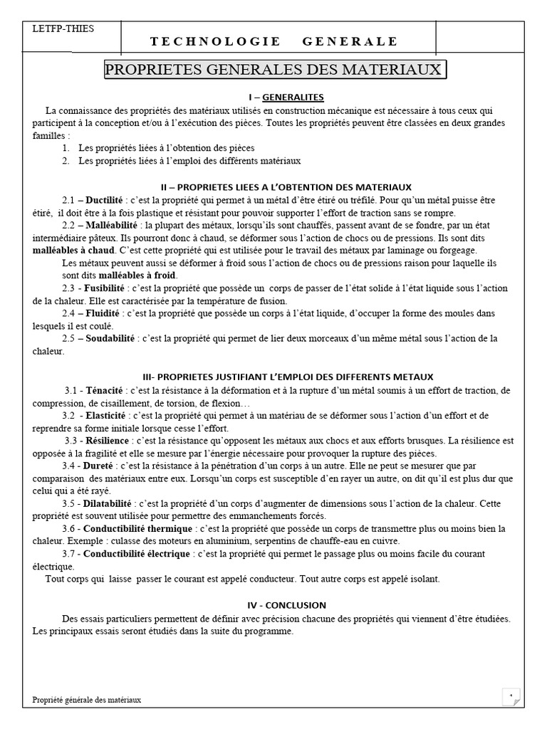 Proprietes Generales Des Materiaux | PDF | Métaux | Résistance des ...