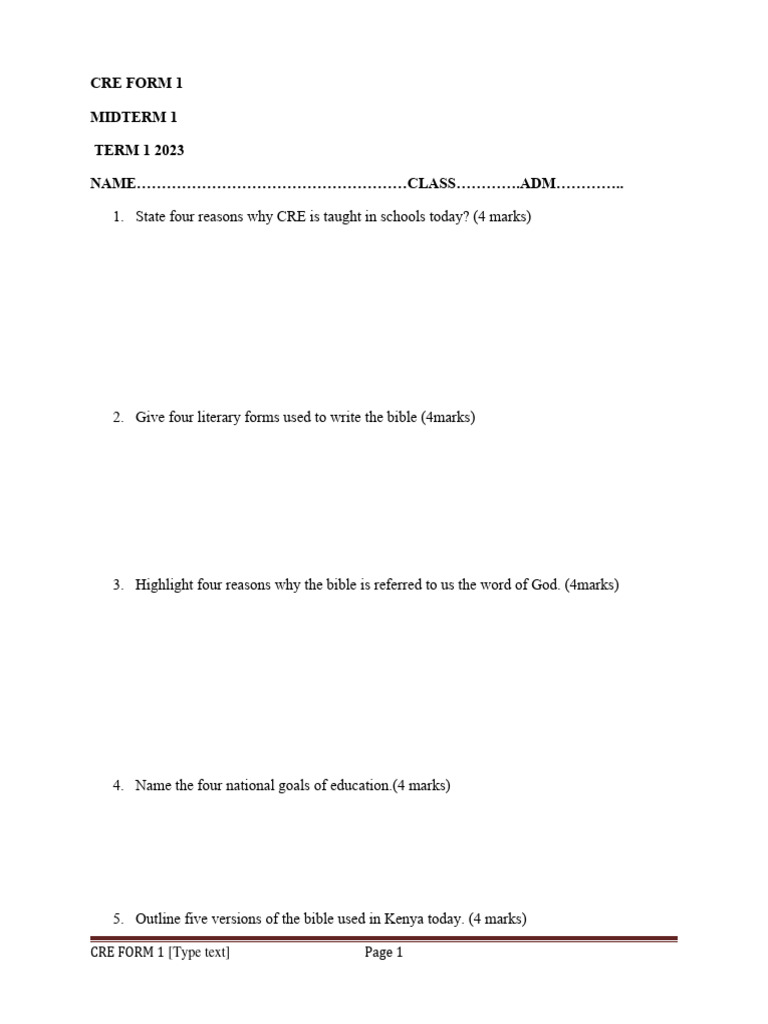 CRE Form 1 Midterm Exam 2023 | PDF | Career & Growth | Language Arts ...