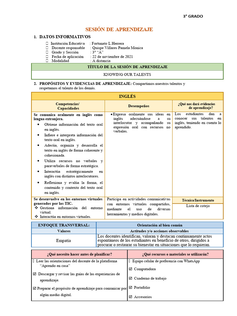 Talentos en Inglés para 3° Grado | PDF | Aprendizaje | Cognición