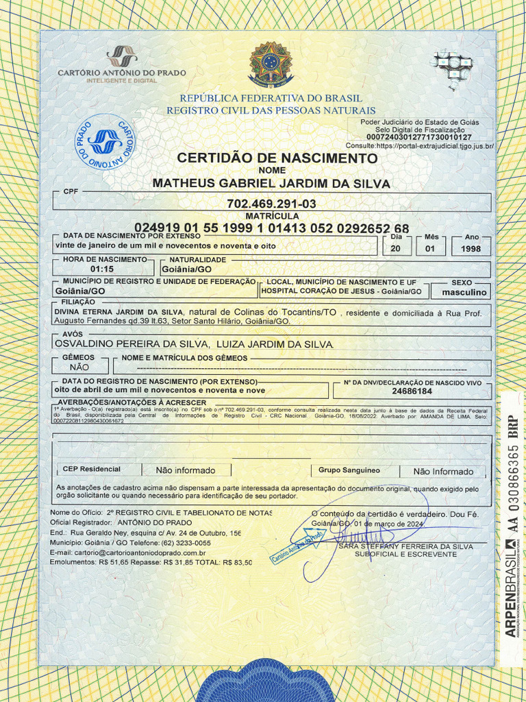 Certidão de Nascimento Matheus Gabriel | PDF Certidão de Nascimento Matheus Gabriel | PDF