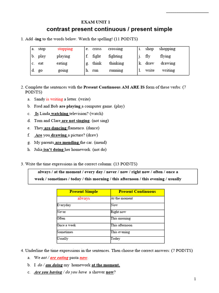 EXAM 1 Present-Simple-Continuous ANSWERS | PDF | Syntax | Grammar