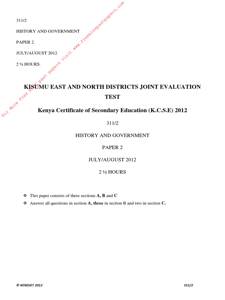 Kcse 2012 Kisumu Mock History PP2 | PDF