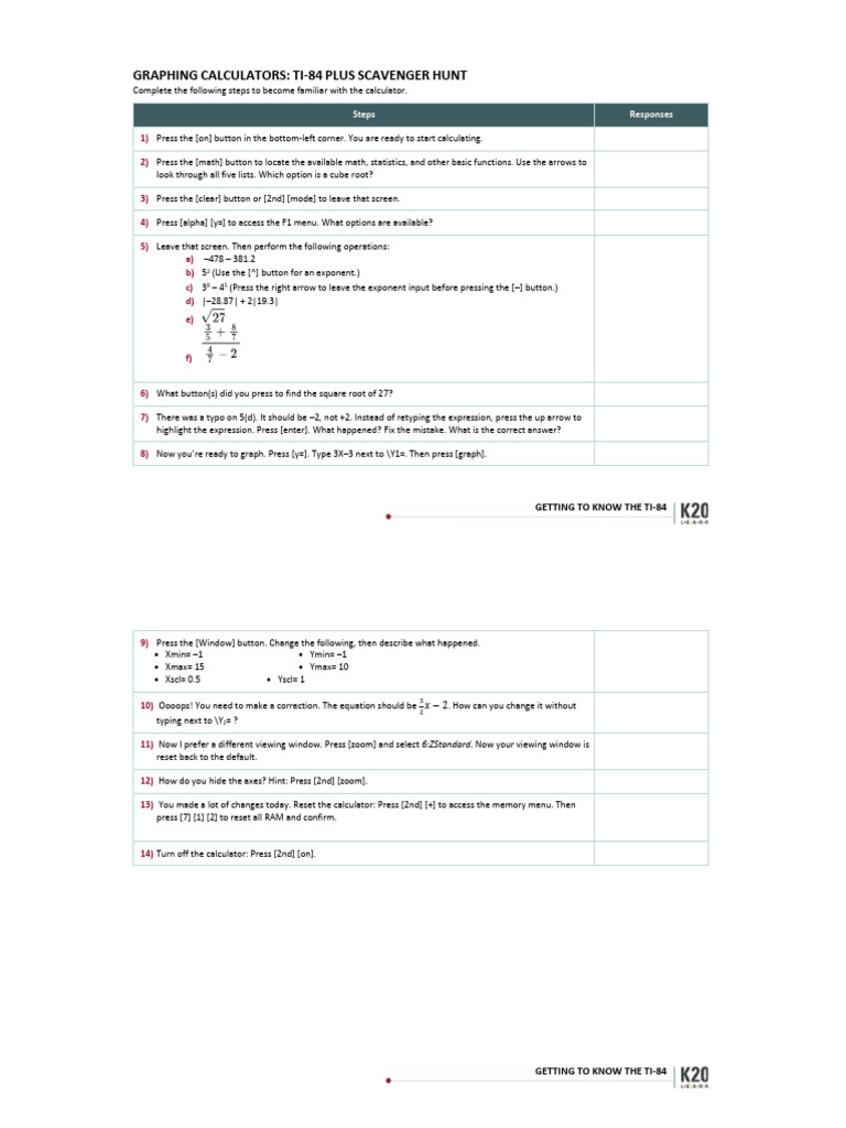 TI-84 Calculator Familiarization Guide | PDF | Cartesian Coordinate ...