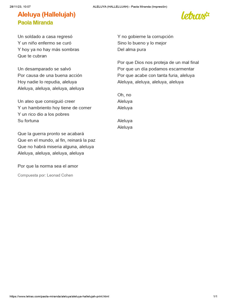 Aleluya (Hallelujah) - Paola Miranda (Impresión) | PDF