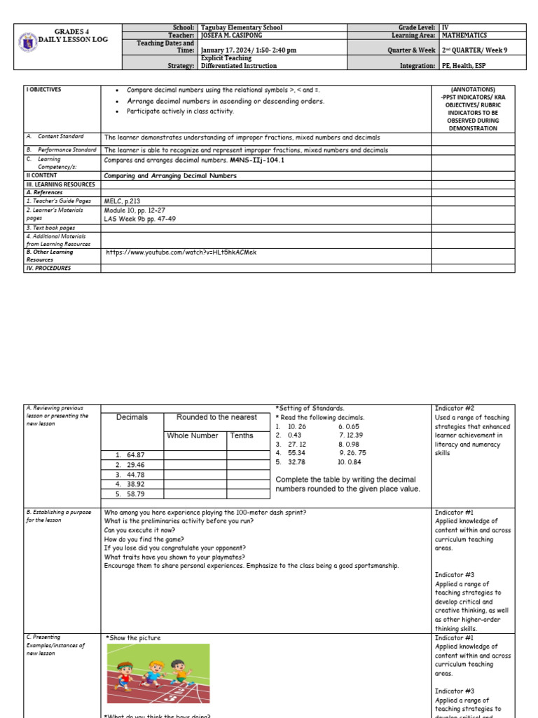 Comparing and Ordering Decimals Lesson | PDF | Learning | Education Theory
