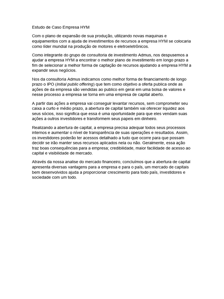 Estudo de Caso Empresa HYM | PDF