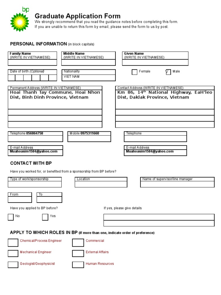 BP Vietnam Graduate Application Form | PDF | Vietnam | Hanoi