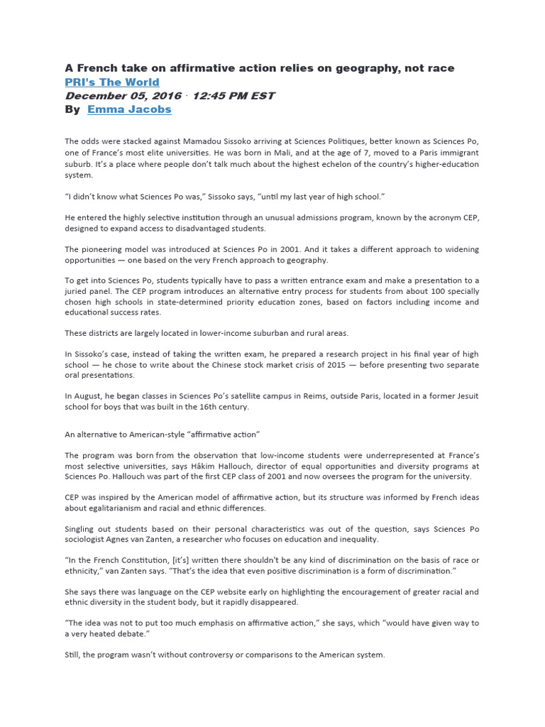 A French Take On Affirmative Action Relies On Geography, Not Race | PDF ...