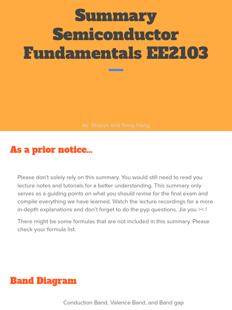 EE2103 Semiconductor Fundamentals Summary | PDF | P–N Junction | Field Effect Transistor