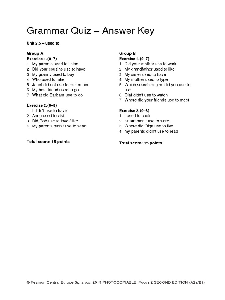 Focus 2 Unit 2.5 Grammar Quiz Answers | PDF