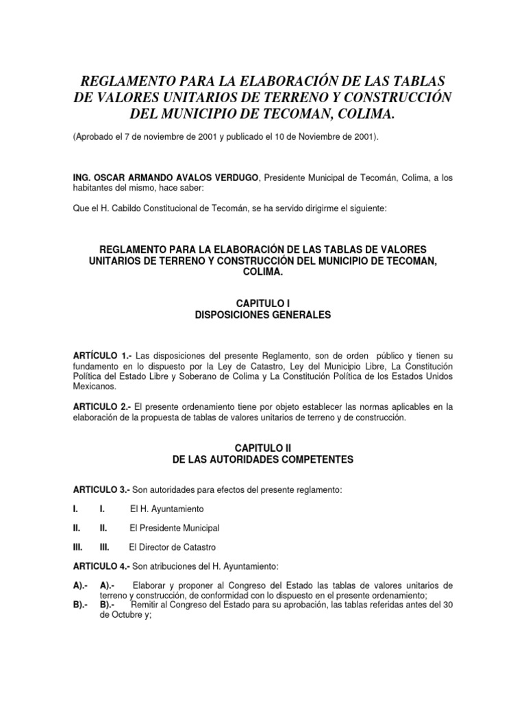REGLAMENTO TABLA DE VALORES TECOMAN | PDF | Regulación | Constitución
