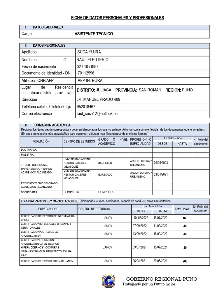 Ficha para Recursos Humanos Raul | PDF | Documento de identidad
