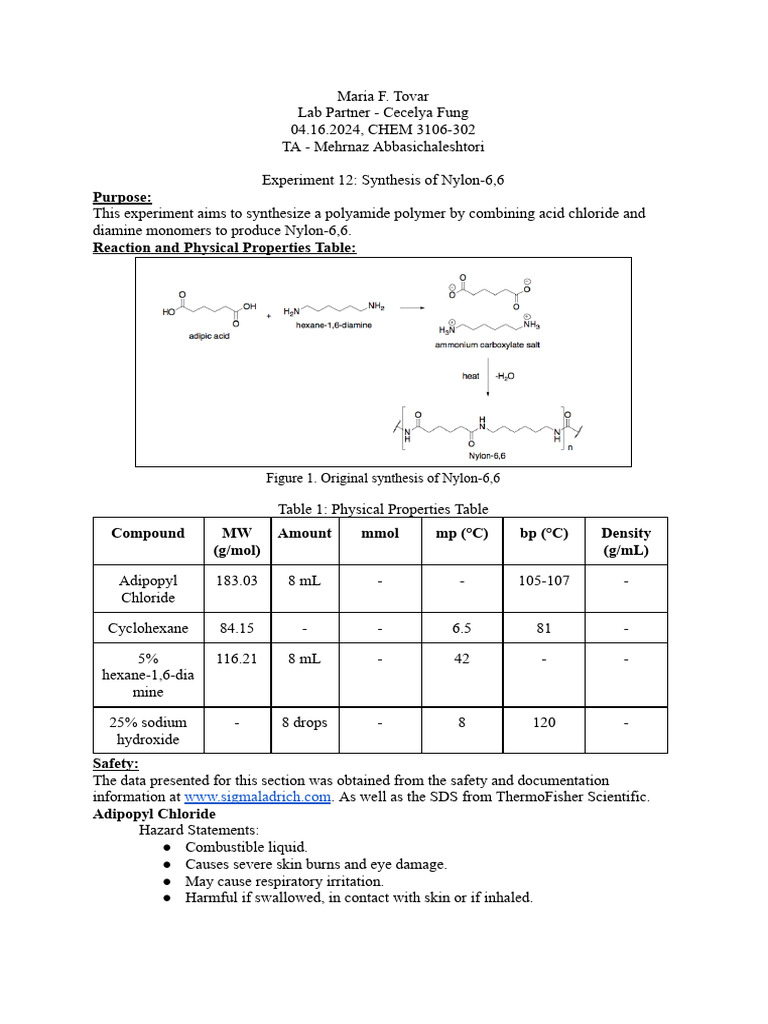 Synthesis of Nylon-6,6 Lab Report | PDF | Personal Protective Equipment ...