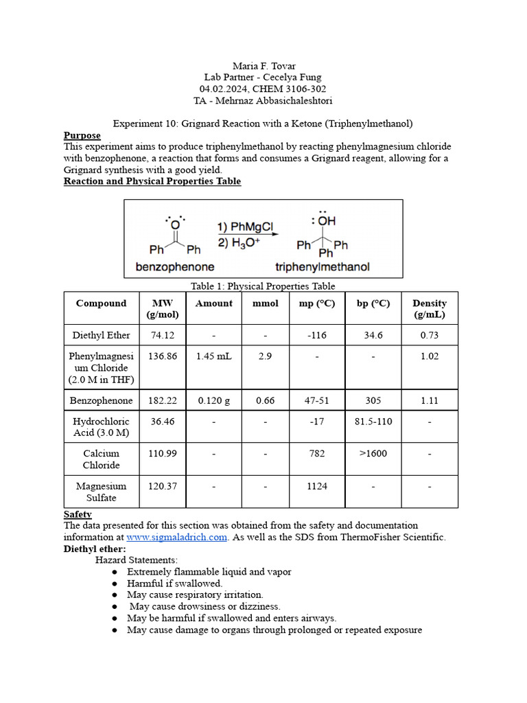Experiment 10 Grignard Reaction With A Ketone | PDF | Chemical Compounds | Chemical Substances