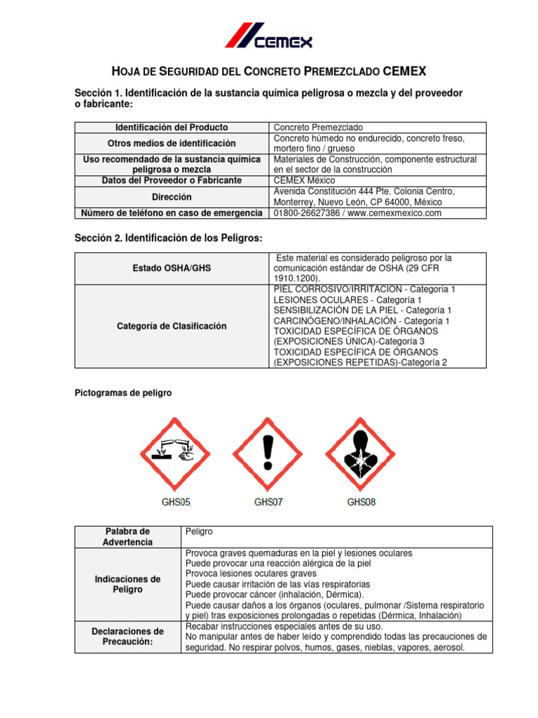Hoja de Seguridad Del Concreto Premezclado CEMEX | PDF | Hormigón | Quemar
