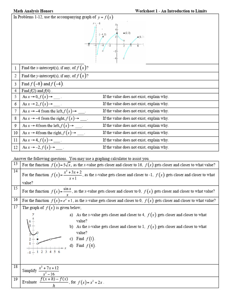Worksheet 1 - An Introduction to Limits (2) | PDF