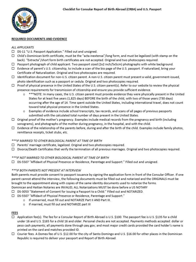 Checklist For Consular Report of Birth Abroad Eng and Spa 2023 | PDF ...