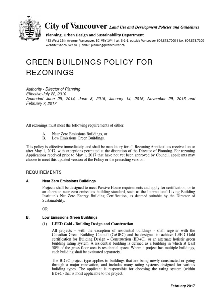 City of Vancouver Green Buildings Policy For Rezonings - February 2017 ...