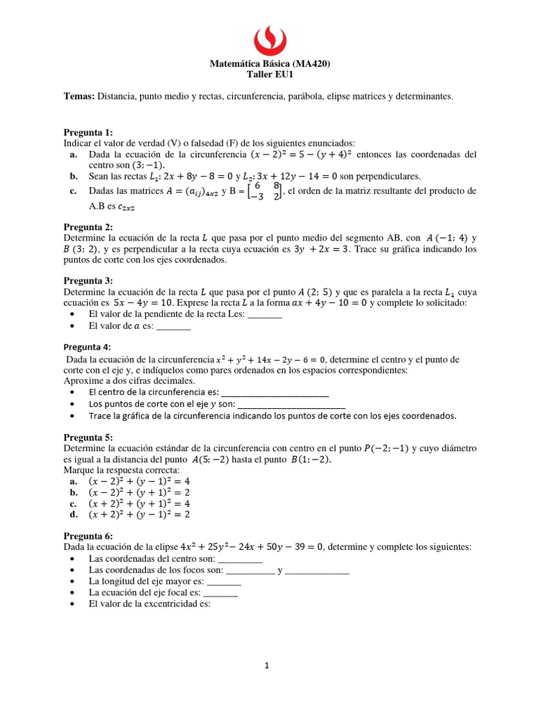 Taller EU1 | PDF | Línea (geometría) | Elipse