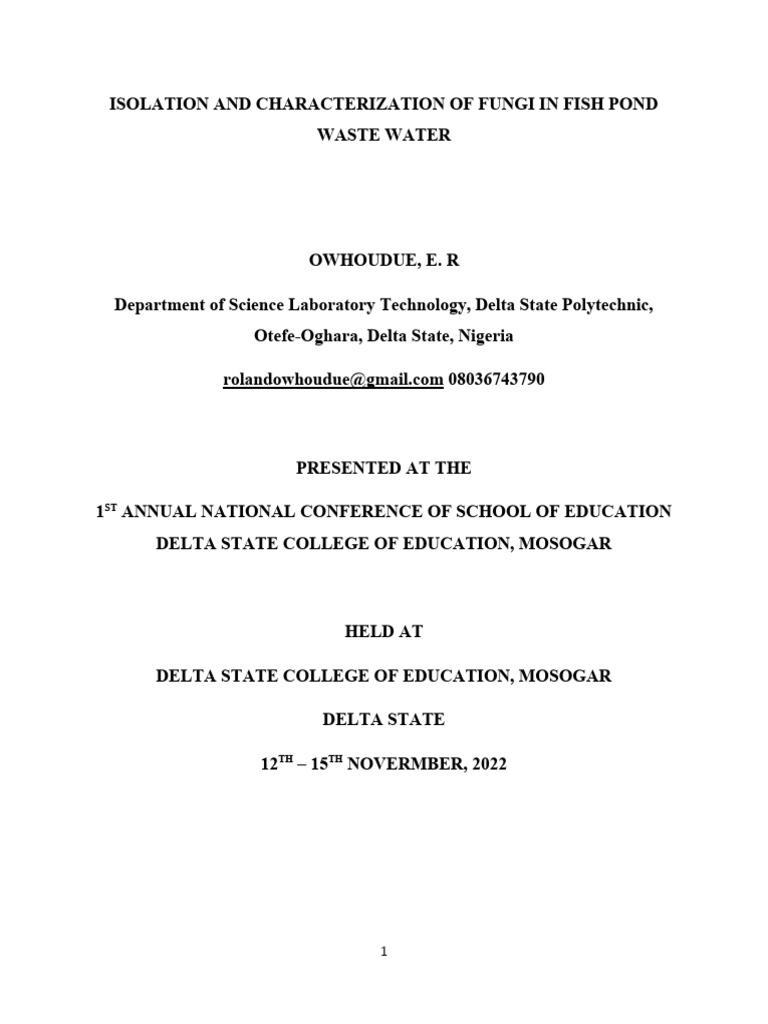 Isolation and Characterization of Fungi in Fish Pond Waste Water | PDF ...