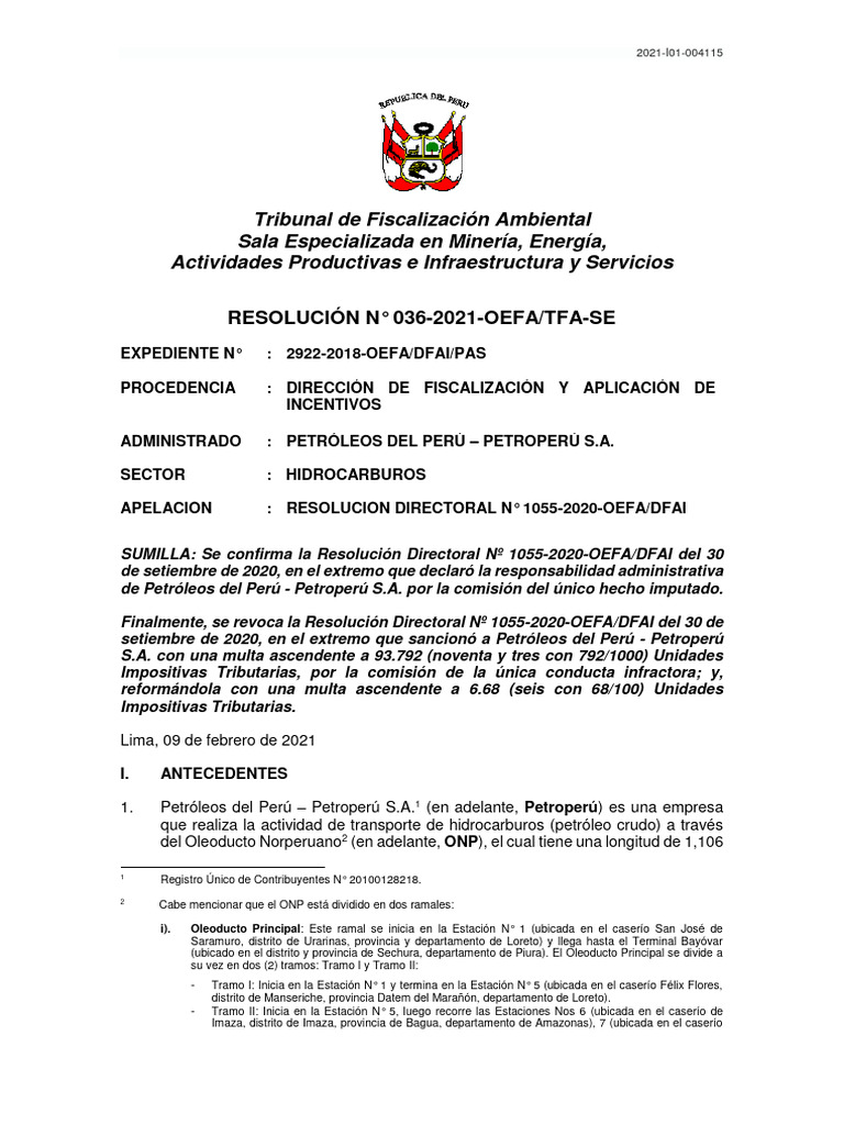 RTFA 036 2021 OEFA TFA SE Derrame Barcaza 09.06.2018 | PDF | Entorno ...