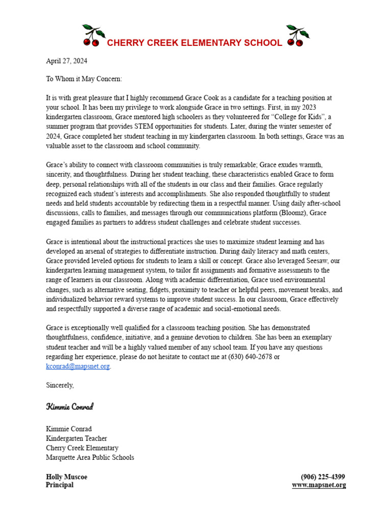 grace cook letter of recommendation | PDF | Teachers | Learning