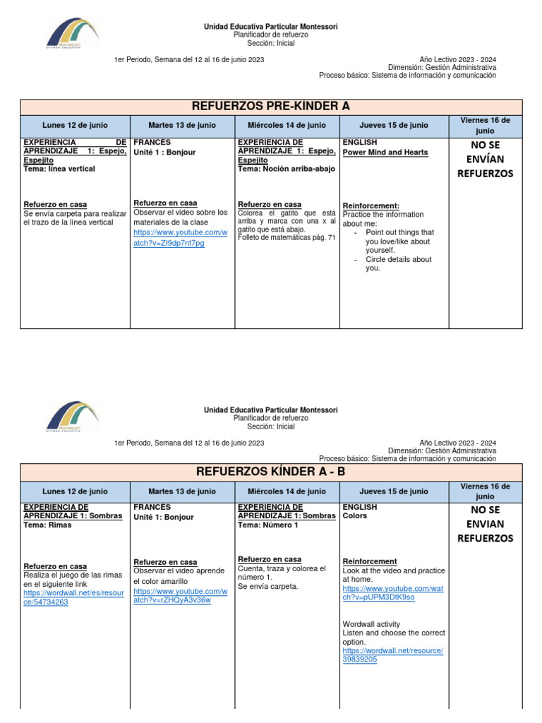 Refuerzos Pre Escolar Semana Del 12 Al 16 de Junio | PDF | Aprendizaje | Modificación de ...