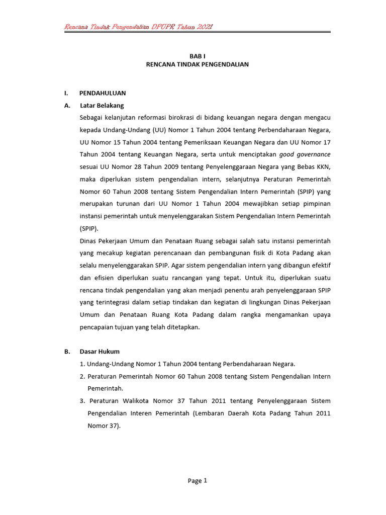 Contoh Rencana Tindak Pengendalian DPUPR | PDF