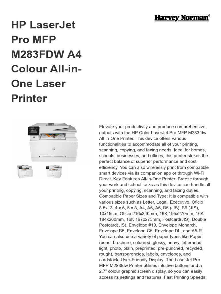 HP LaserJet Pro MFP M283FDW A4 Colour All-in-One Laser Printer | PDF | Image Scanner | Printer ...