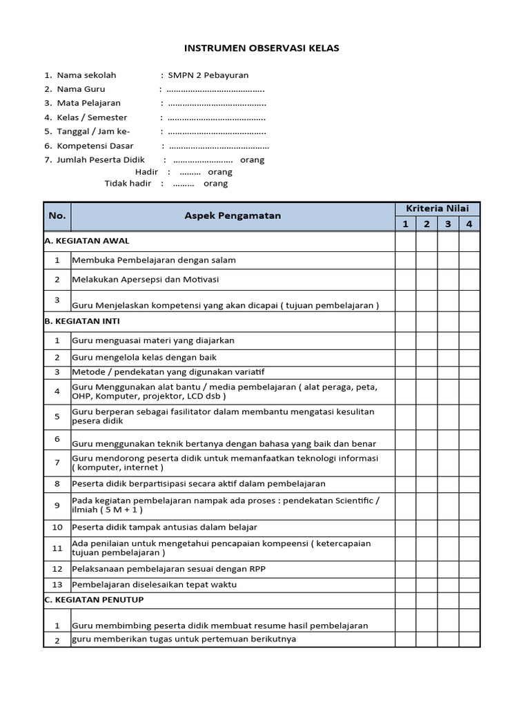 Instrumen OBSERVASI KELAS | PDF | Pengembangan Diri