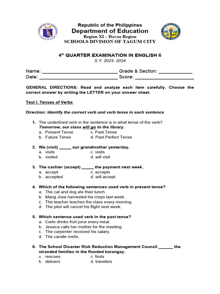 4th Grading English Exam | PDF | Pet