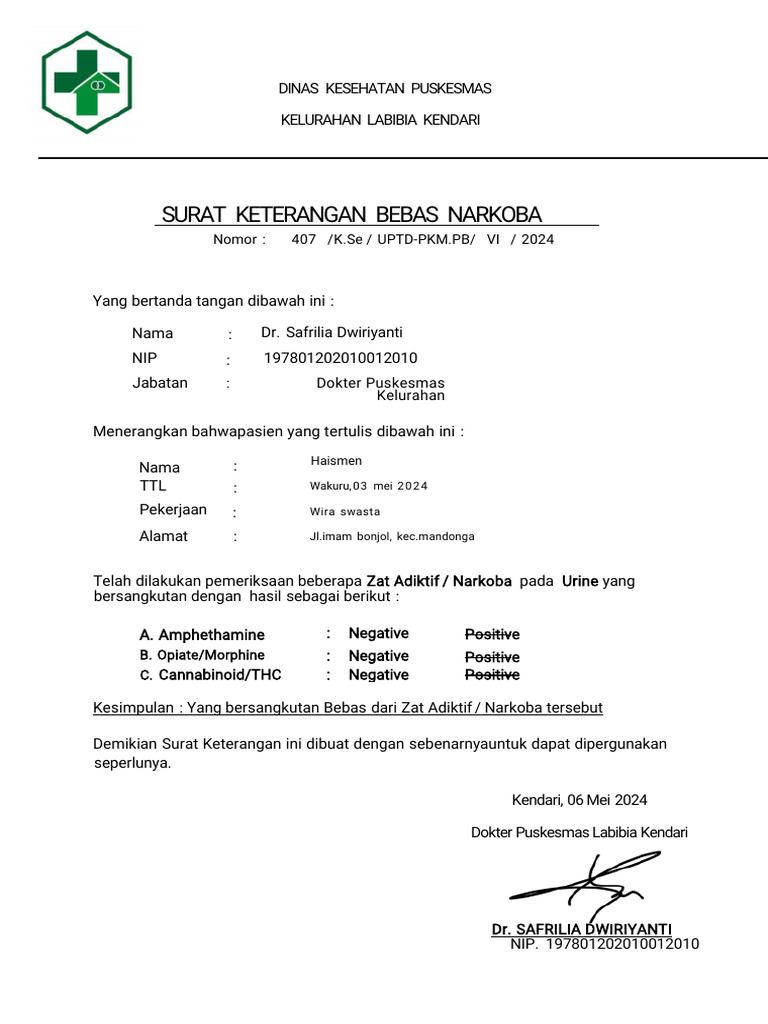 Contoh Surat Keterangan Bebas Narkoba - 05061506 | PDF