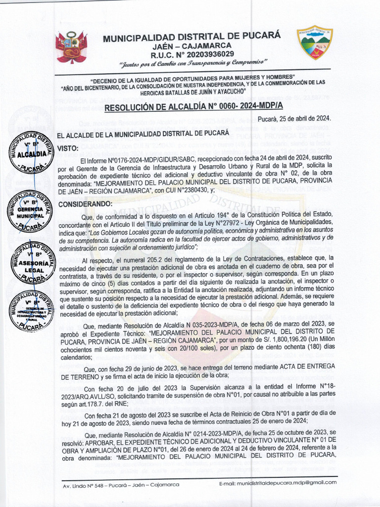 Resol. #0060-2024-Mdp-A - Aprobacion de Exp. Tecnico Adicional y Deductivo Vinculante #02 ...