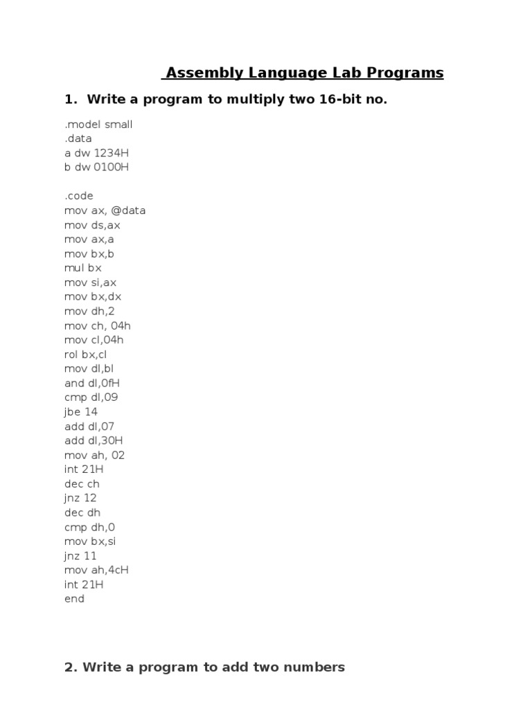 Assembly Language Lab Programs | PDF | Digital Electronics | Computer Data