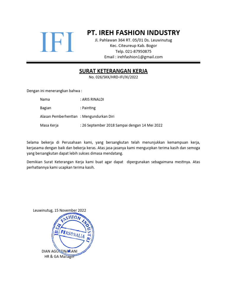 Surat Keterangan Kerja Aris Rinaldi | PDF