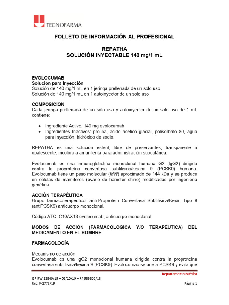 Uso y aplicación de Repatha (evolocumab) | PDF | Inyección (medicina ...