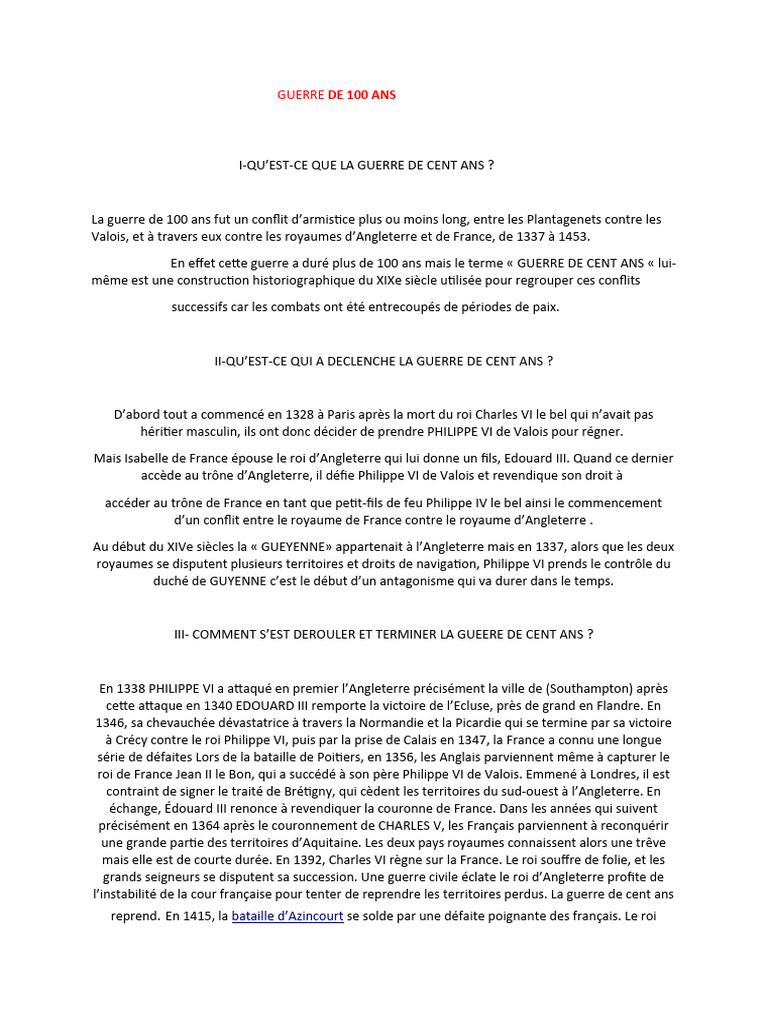Guerre de 100 ans : Conflit et Conséquences | PDF | Royaume de France ...