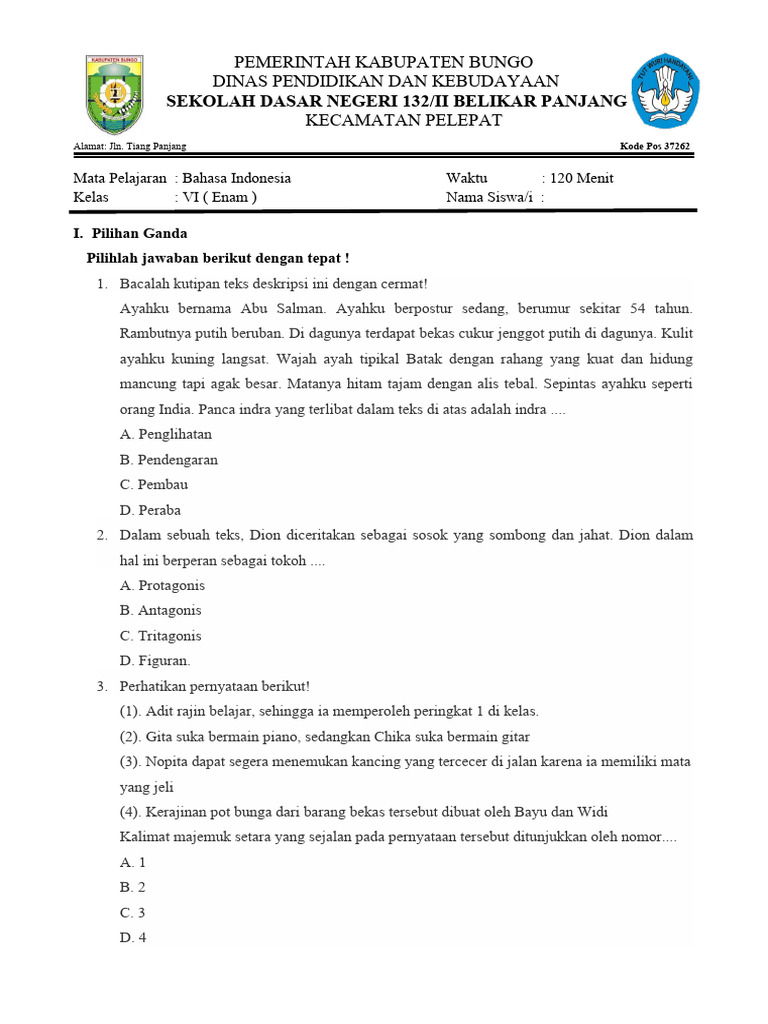 Soal Uas Bahasa Indonesia KLS Vi 2024 | PDF
