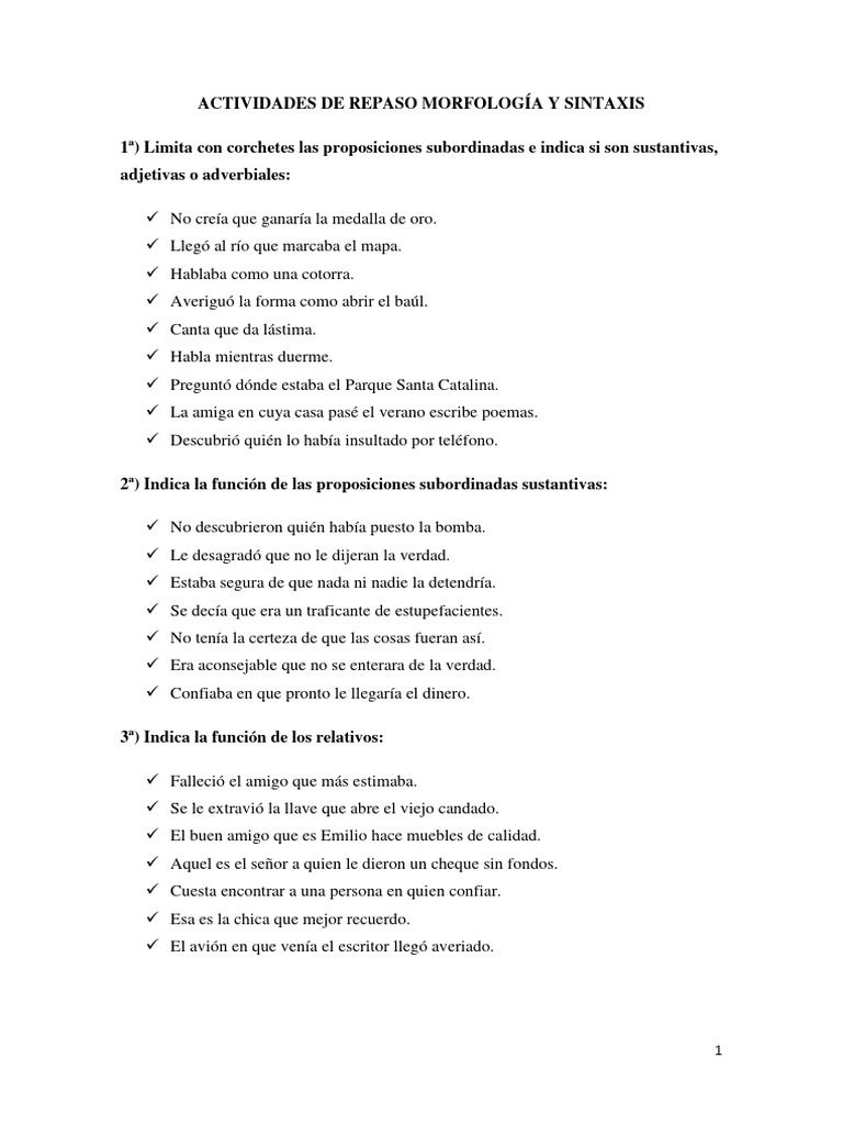 Actividades de Repaso Morfología y Sintaxis Completo 4º y Bachillerato | PDF