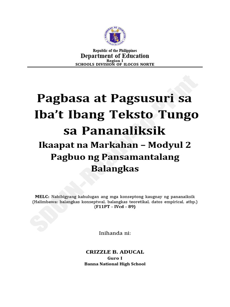 Pagbasa at Pagsusuri Filipino 11 Q4 Week2 Mod2 MELC2 Crizzle Aducal ...