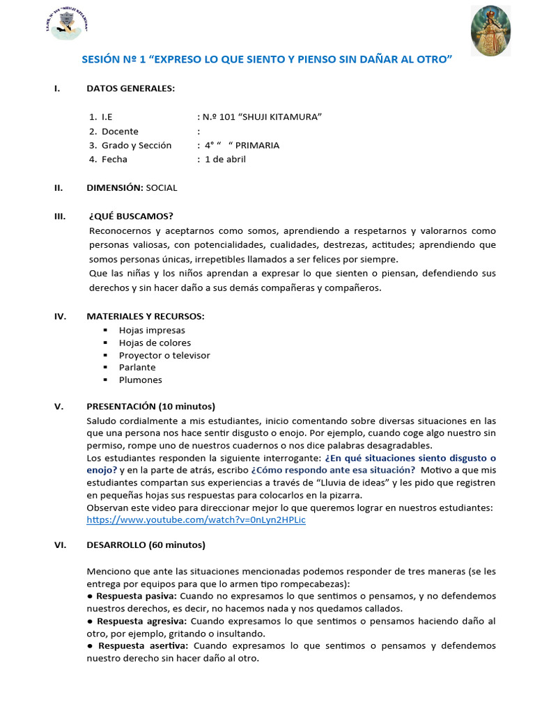 Modelo de Sesión de Tutoria Primaria 2024 | PDF