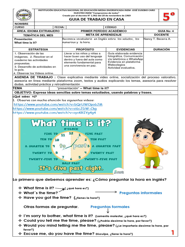 Actividades para aprender la hora en inglés | PDF | Artes del Lenguaje ...