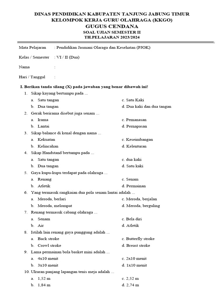 SOAL PJOK Kelas 6 SMT 2 Ta 2024 | PDF