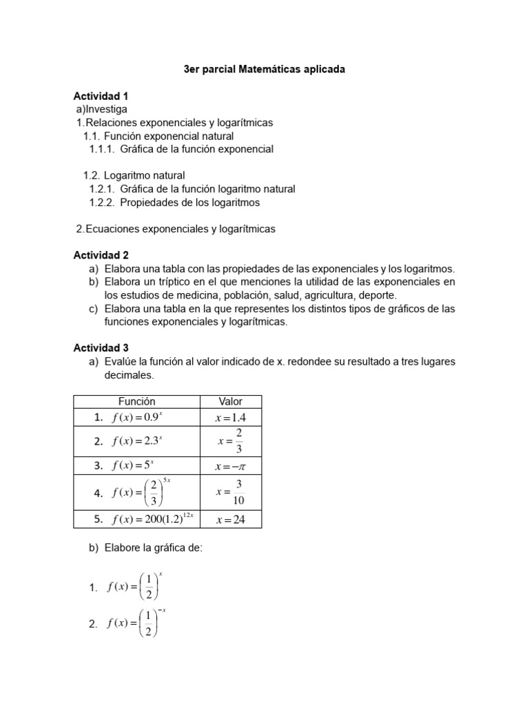 Parcial 3 Matemáticas aplicada | PDF | Logaritmo | Funcion exponencial