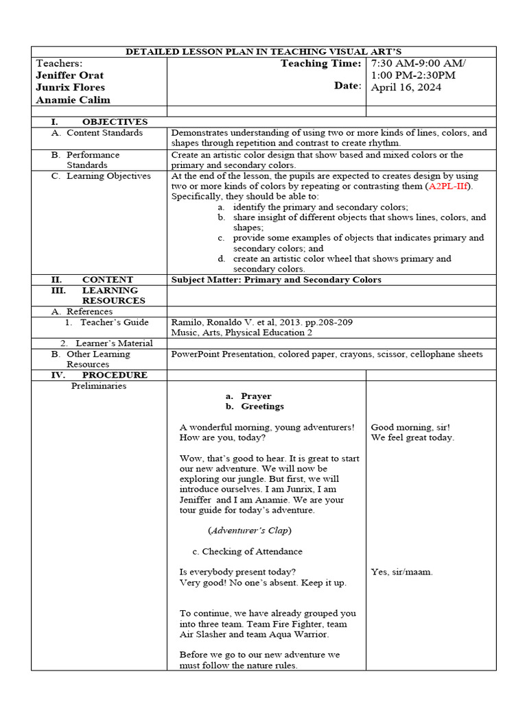 Lesson Plan in Arts | PDF | Color | Learning