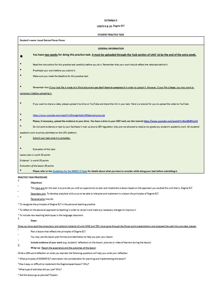 U9&U10 MAELT-II Practice Task | PDF | Lesson Plan | Learning