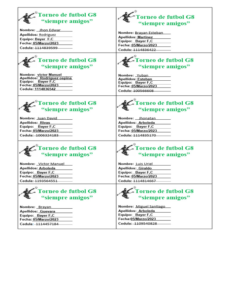 Carnet Torneo G8 en Blanco. | PDF